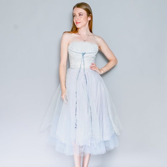 Vintage | Dresses | Vintage Powder Blue French Dot Tulle Strapless ...